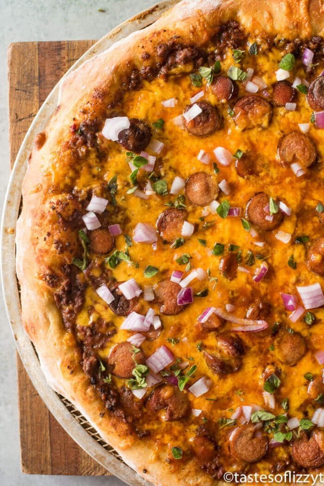Chili Cheese Pizza with Sweet Chili Sauce, Cheese and Sliced Hot Dogs