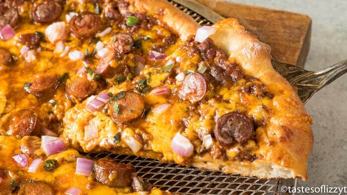 Chili Cheese Pizza with Sweet Chili Sauce, Cheese and Sliced Hot Dogs